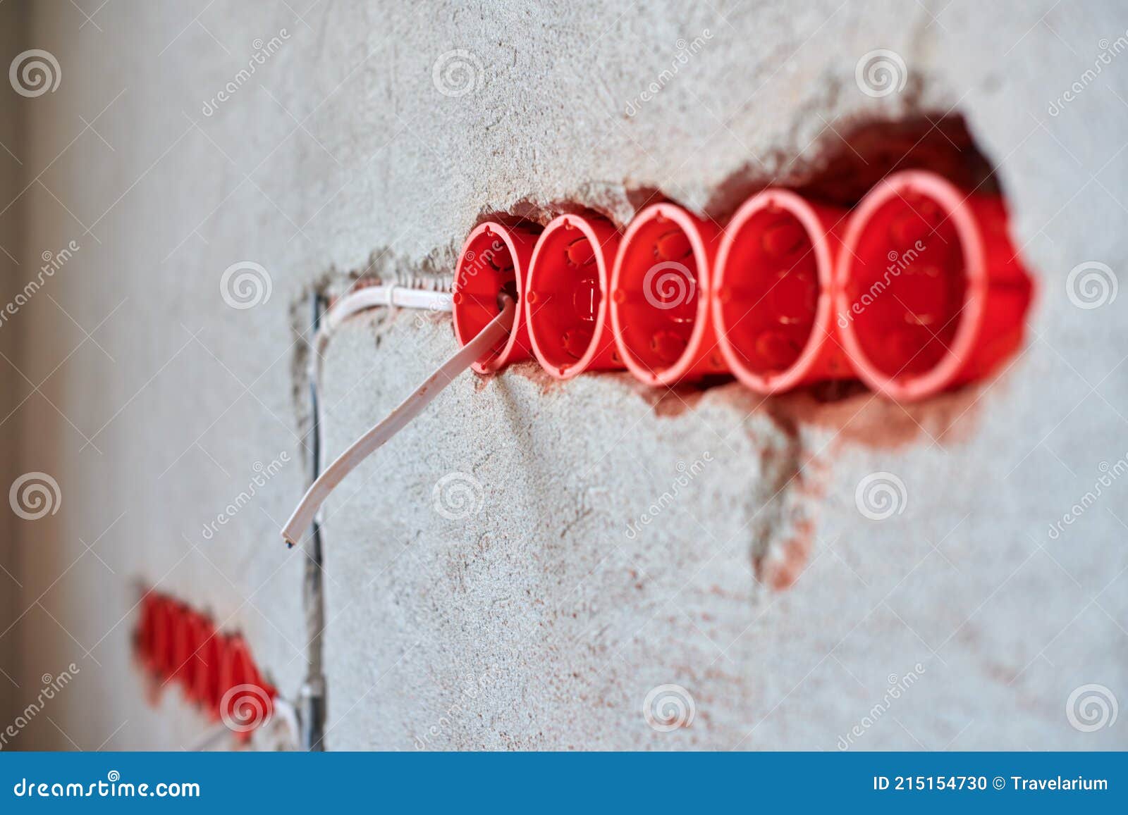 Plastic Socket Boxes and Electrical Wires on Plastered Wall Stock Photo ...