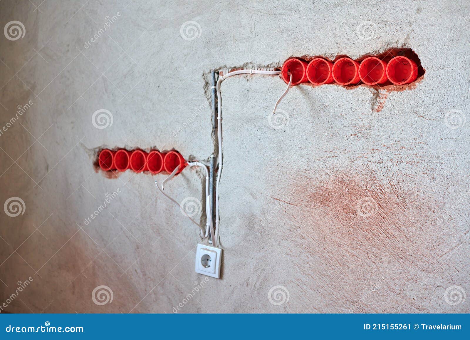 Plastic Socket Boxes and Electrical Wires on Plastered Wall Stock Image ...