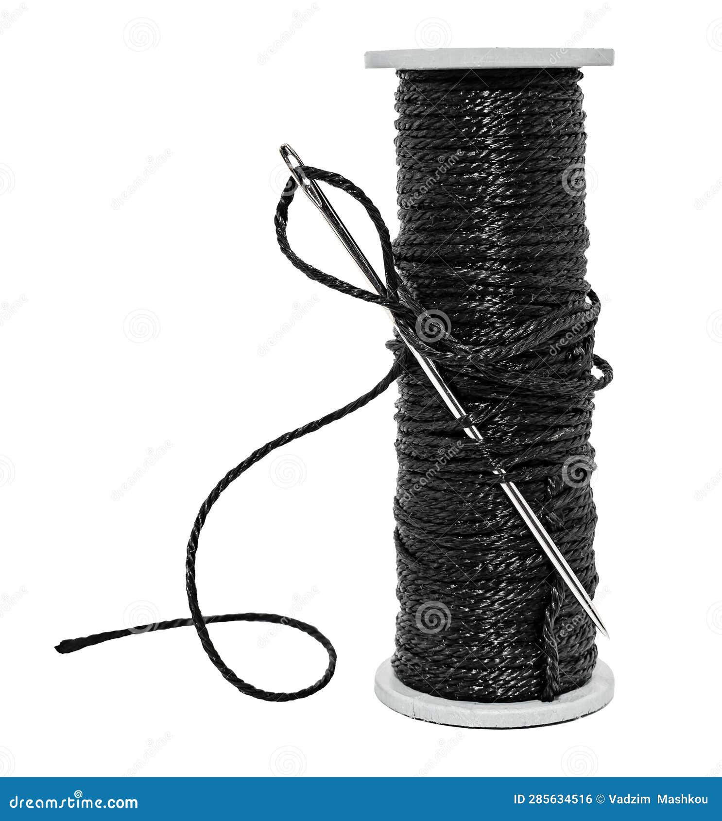 Plastic Spool with Black Synthetic Threads Close-up. Needle and Thread ...