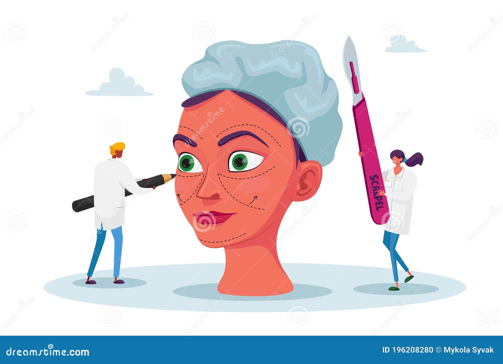 Plastic Surgeon Characters With Scalpel And Pen Make Operation To Woman