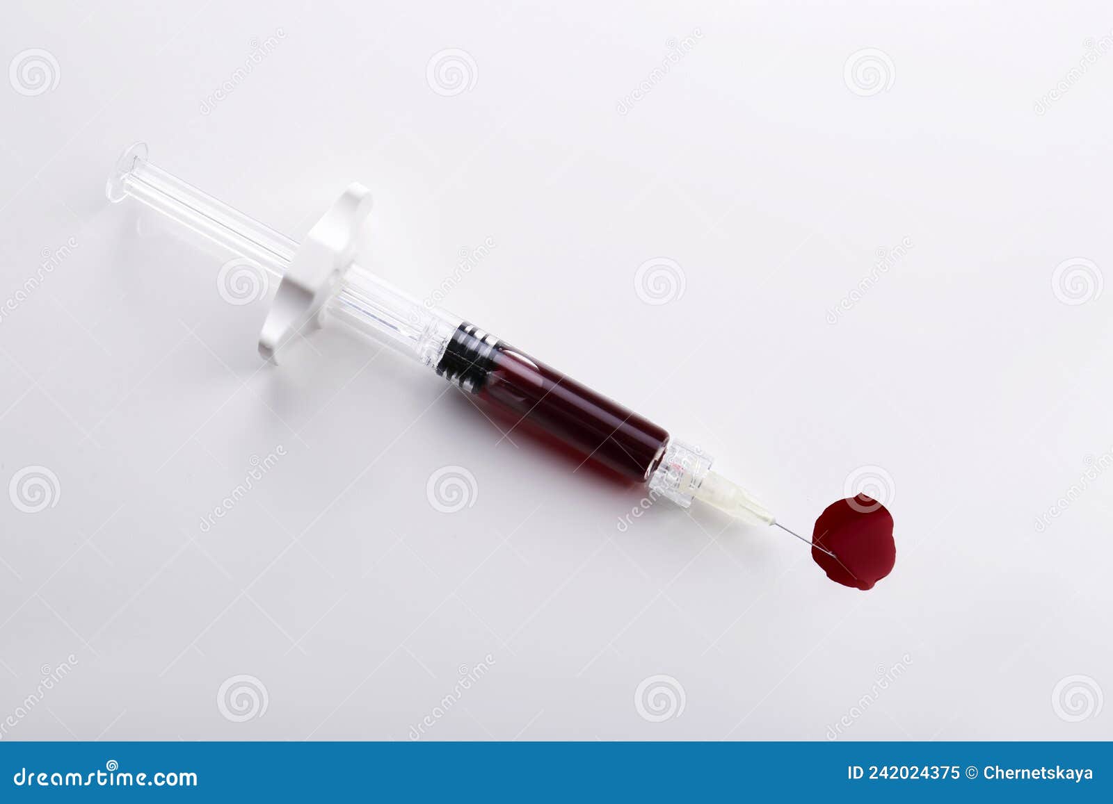 Plastic Syringe with Blood on White Background, Top View Stock Image ...