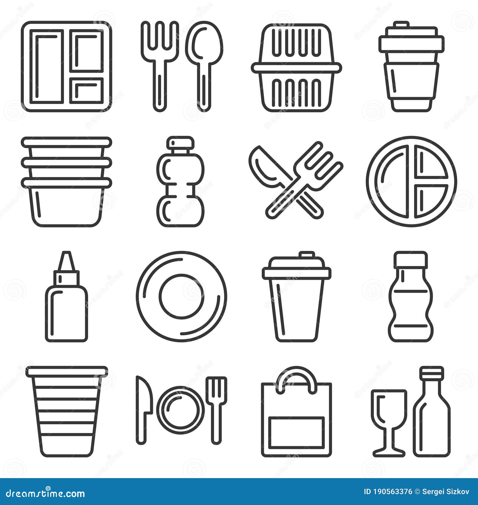 Plastic Tableware and Packaging Icons Set. Line Style Vector Stock ...