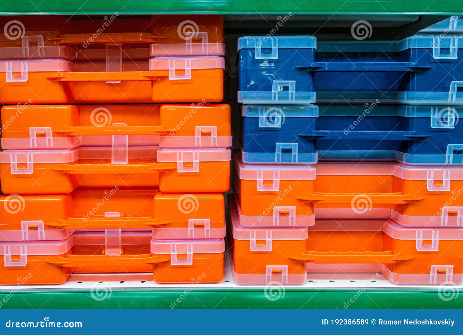 Plastic Tool Boxes on Store Shelves. Stack of Organizers Stock Image ...