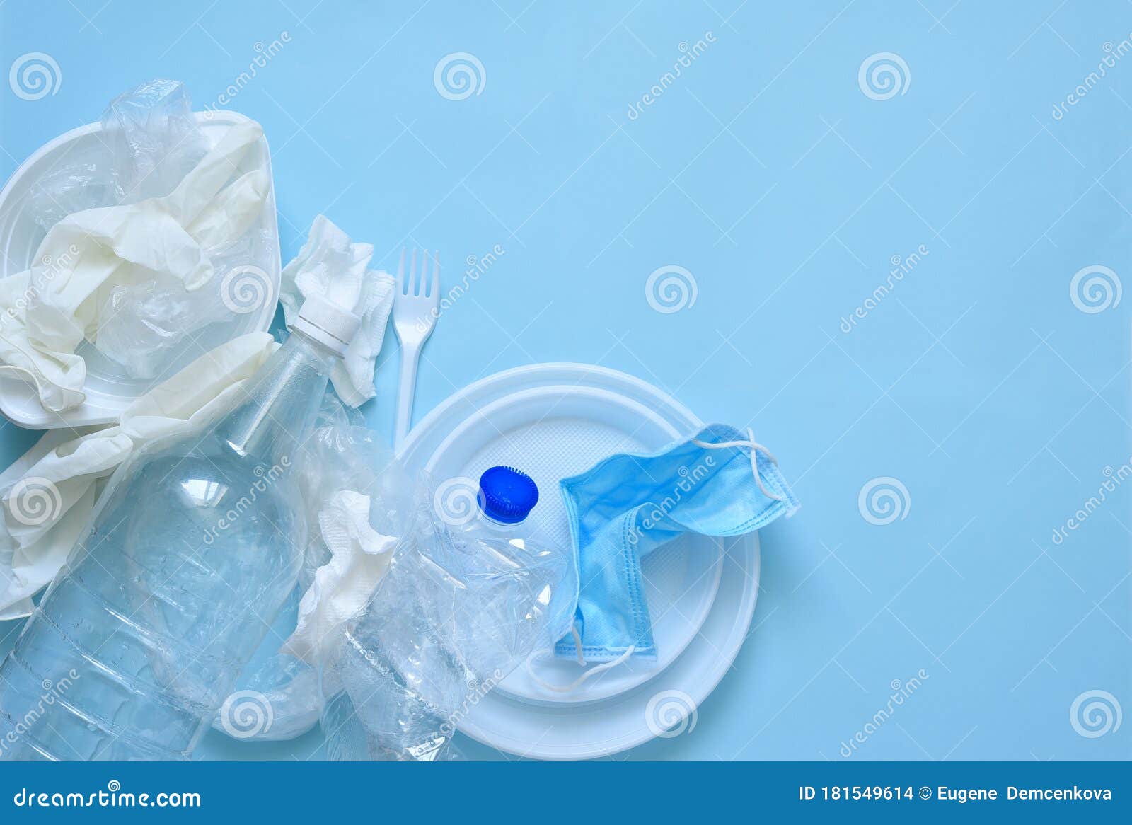 Plastic Trash on a Blue Background: Bottles, Polyethylene, Mask ...