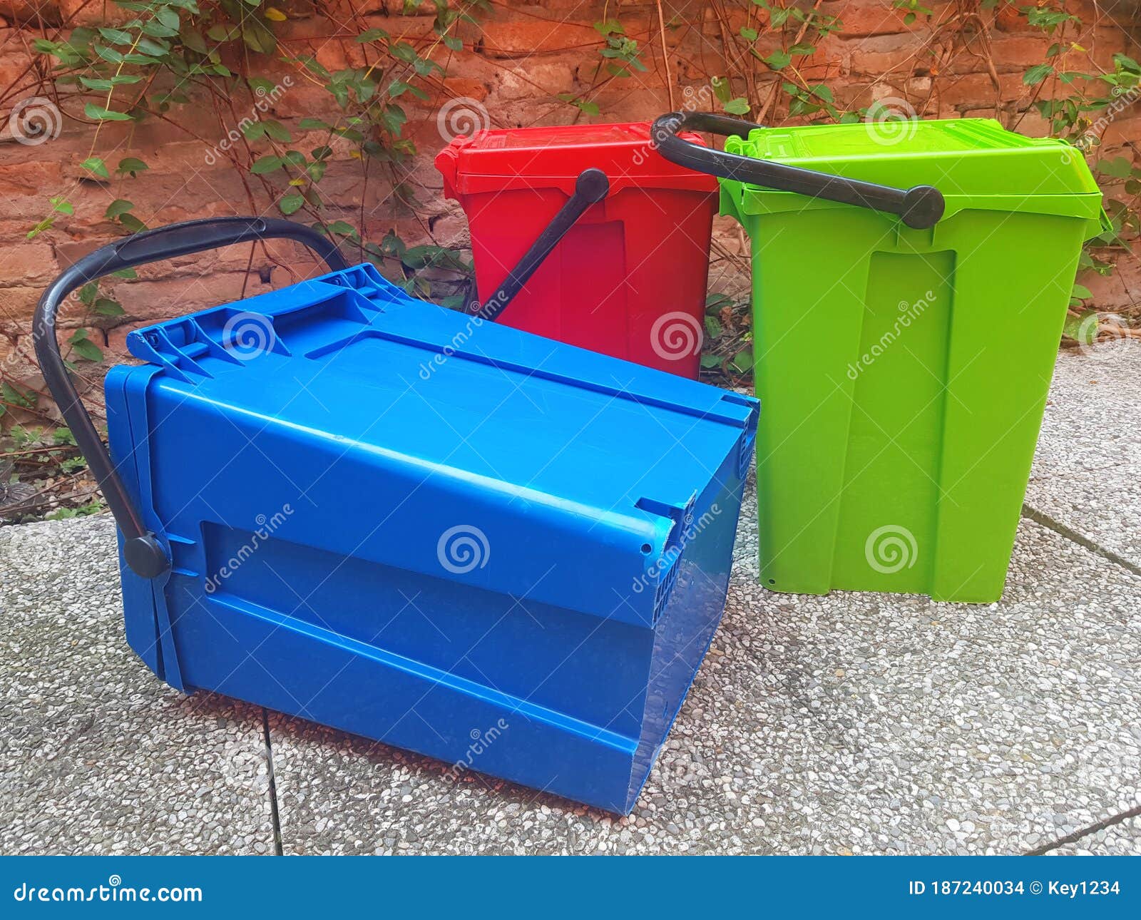 Plastic trash cans stock photo. Image of glass, outside - 187240034