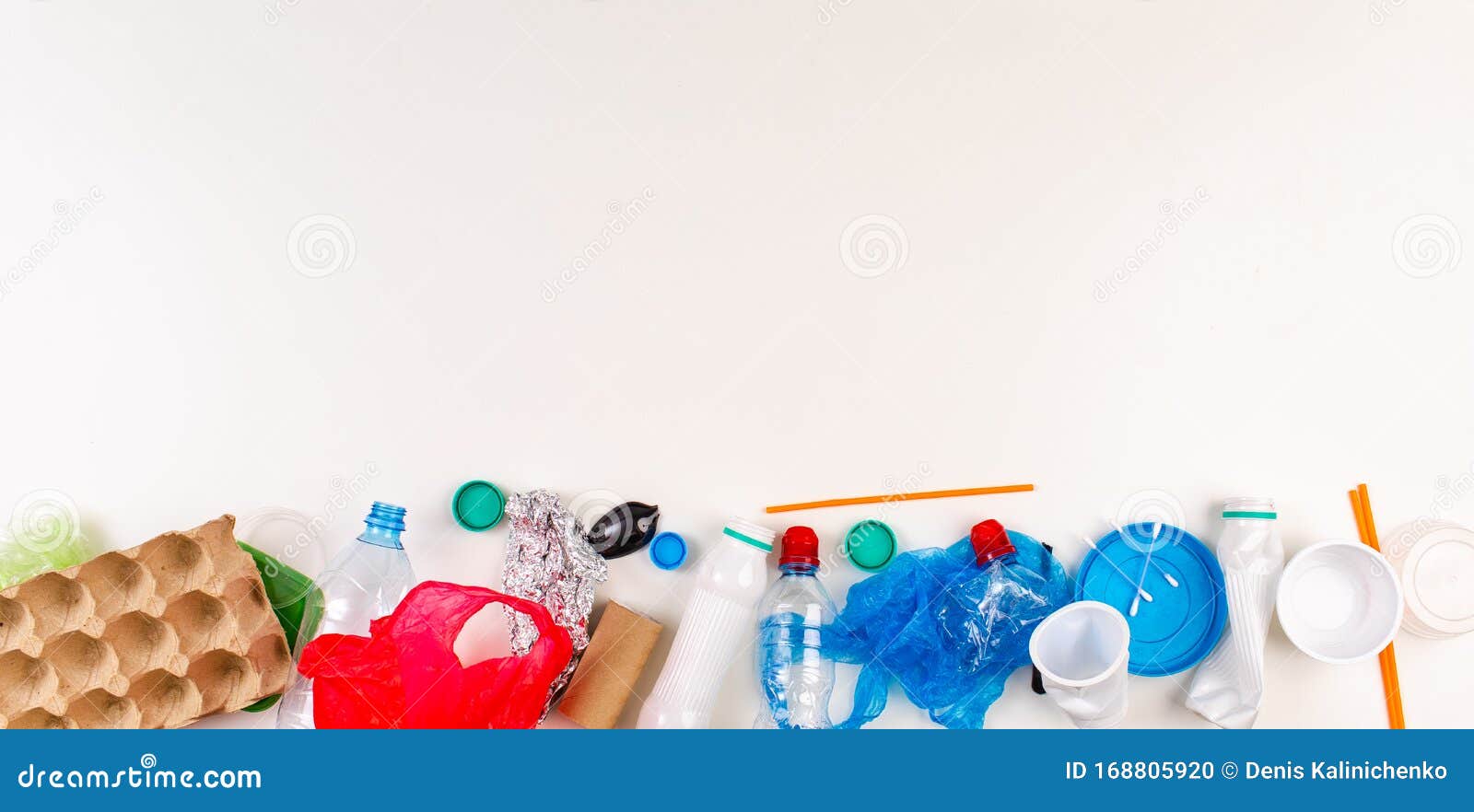 Plastic Trash on a White Background. Environmental Pollution. Flay Lay ...