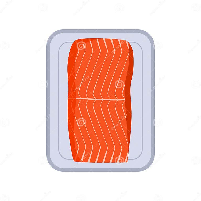 Plastic Tray with Salmon Fillet, Top View of Rectangular Container with ...