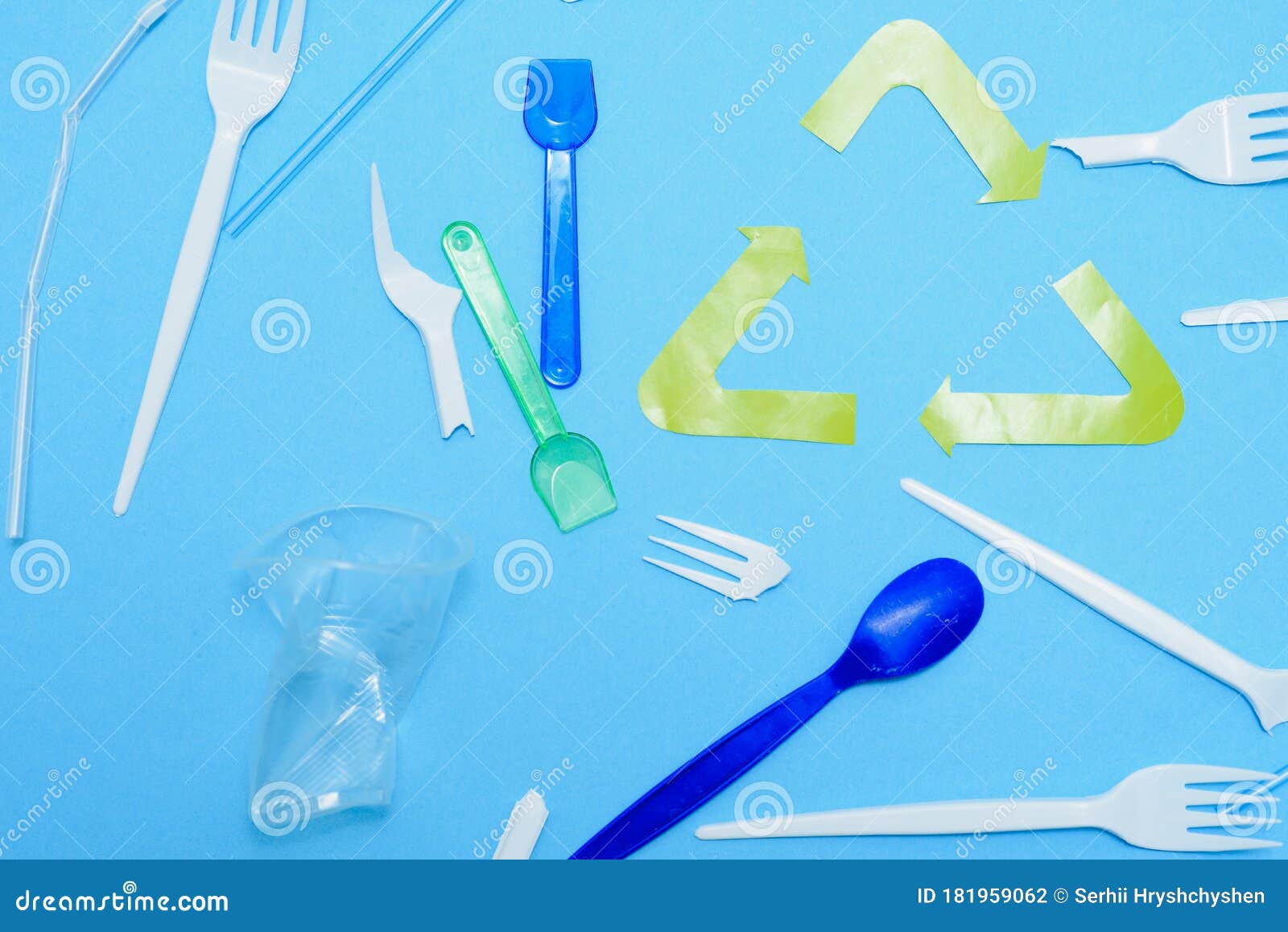 Plastic Waste Collection on Blue Background. Concept of Recycling ...