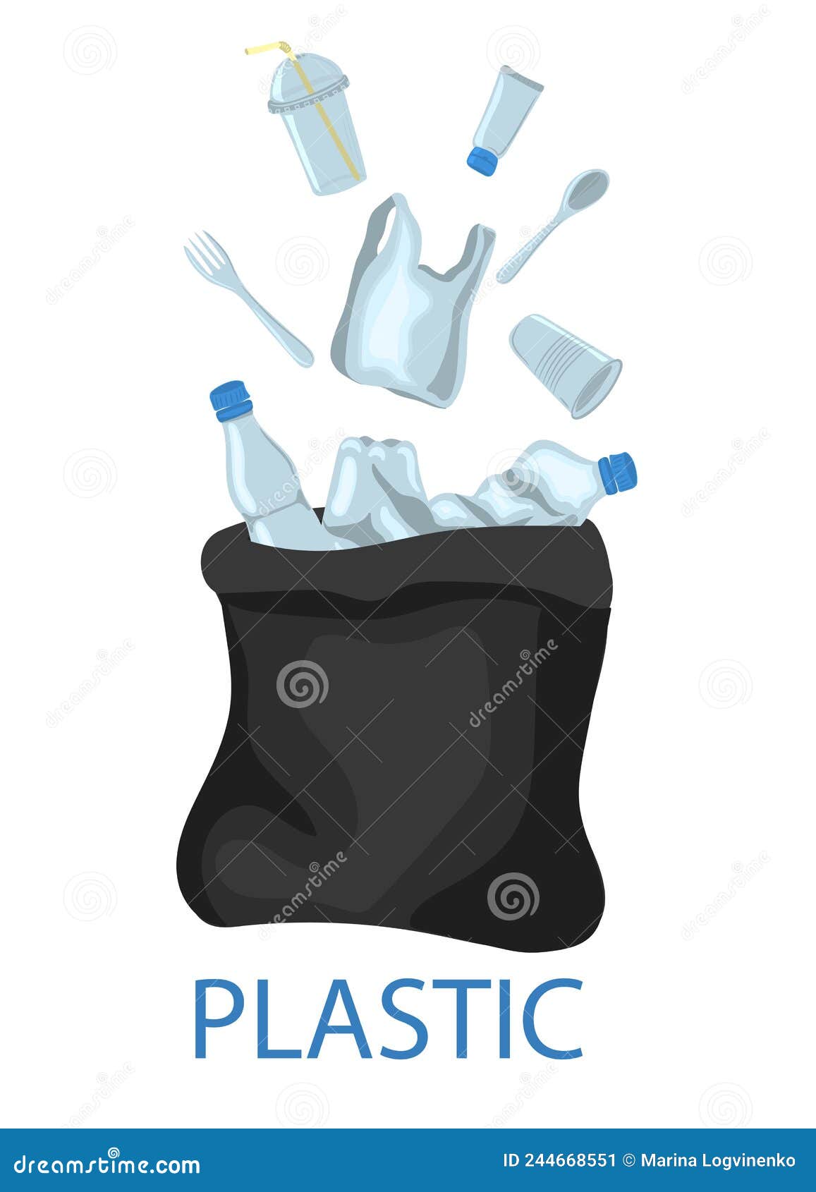 Plastic Waste and Garbage. Hand-drawn Big Black Plastic Bag with ...