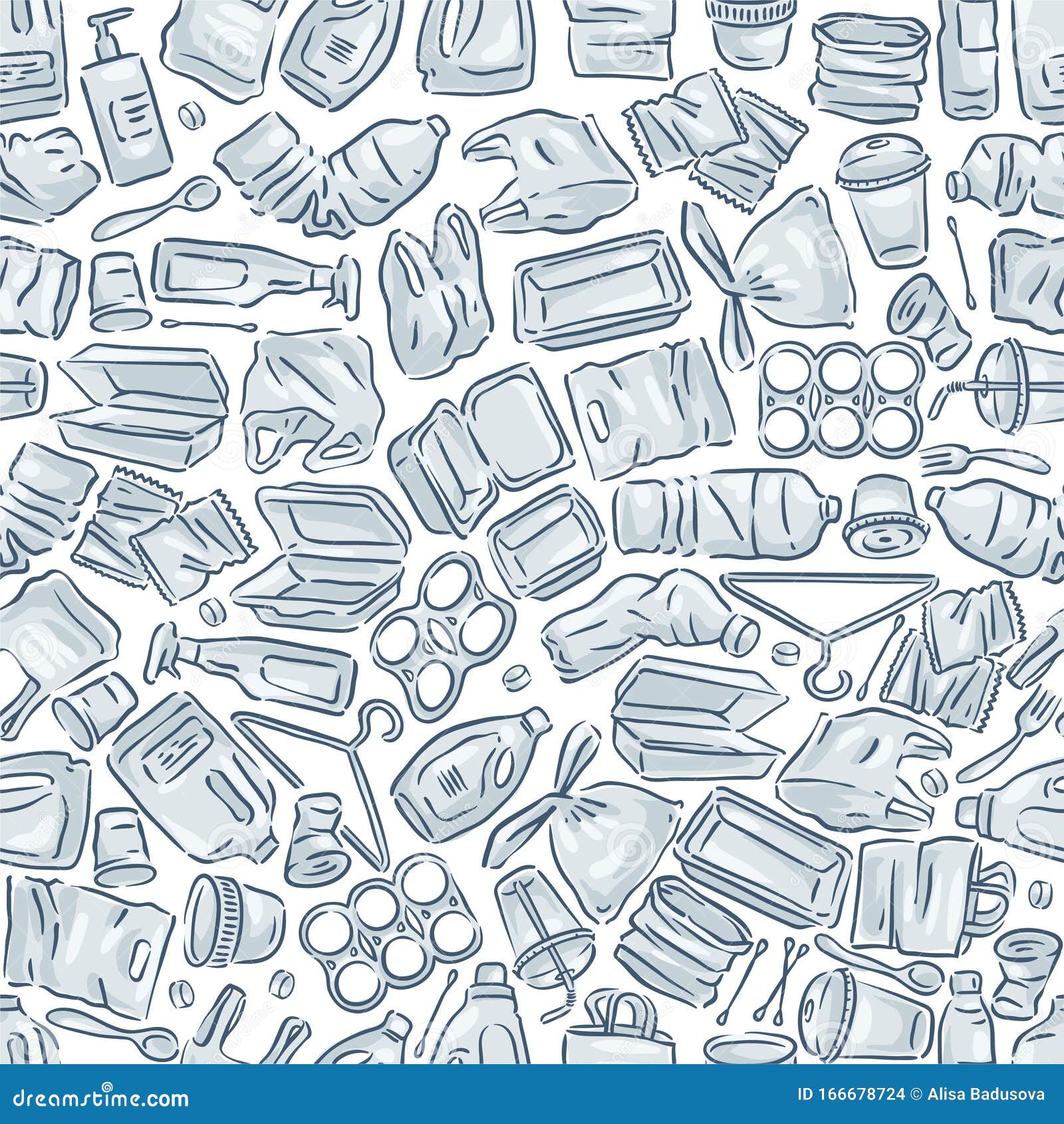 Plastic Waste Icon Collection Seamless Pattern on White Background ...
