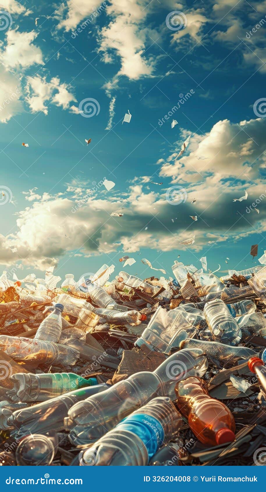 Plastic Waste in Landscape Under Blue Sky, Showing Environmental Impact ... Plastic Waste in Landscape Under Blue Sky, Showing Environmental Impact ...