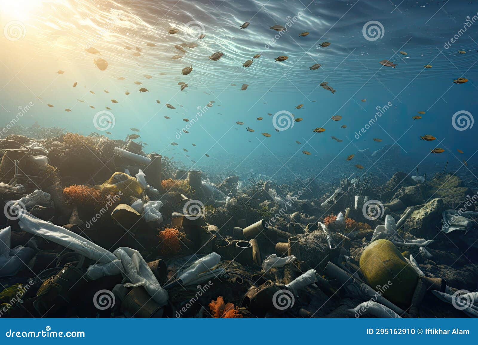 Plastic Waste in the Ocean. Environmental Pollution Concept. 3D ...