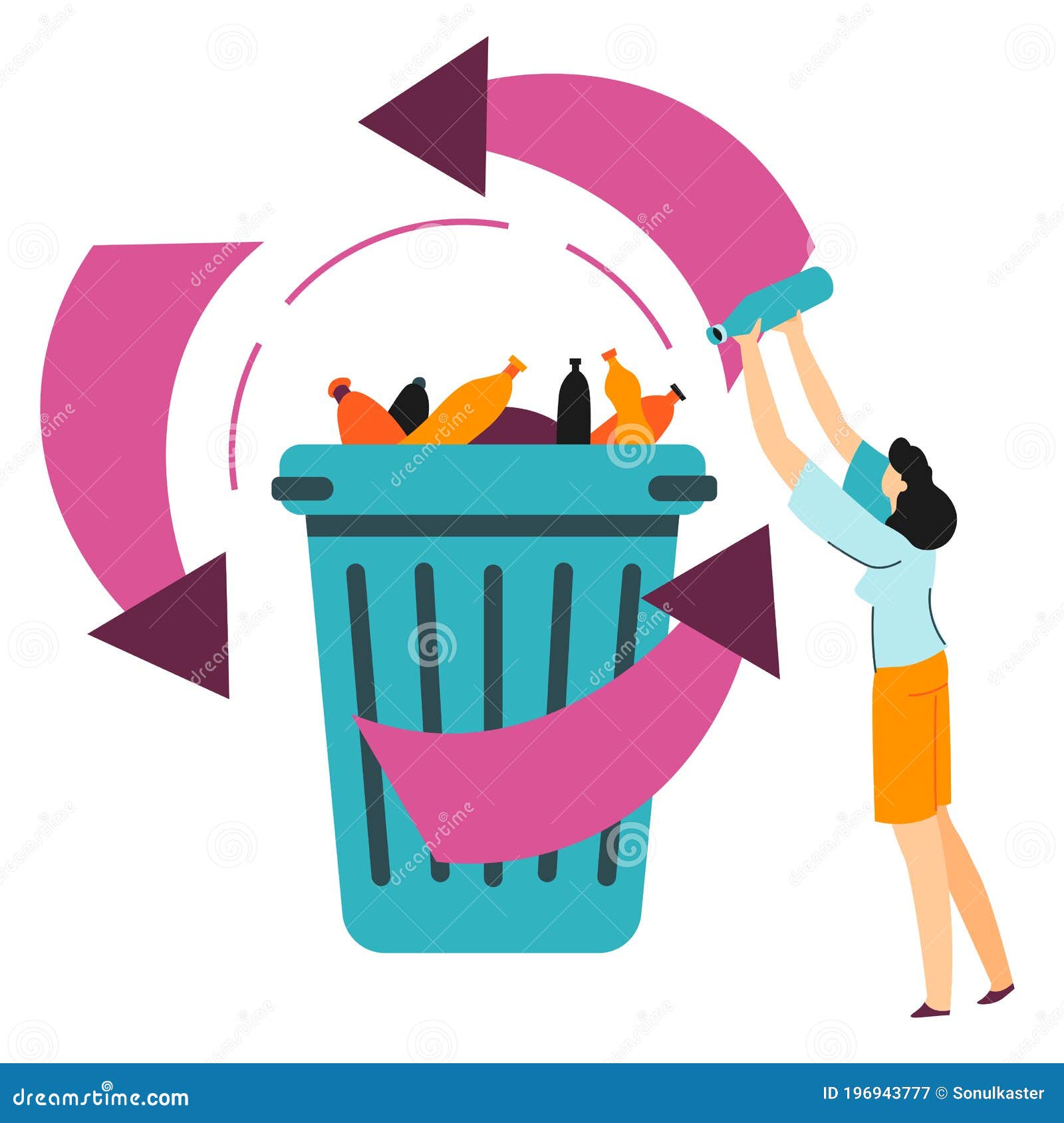 Plastic Waste Recycling Process, Bin With Litter And Arrows Cartoon ...