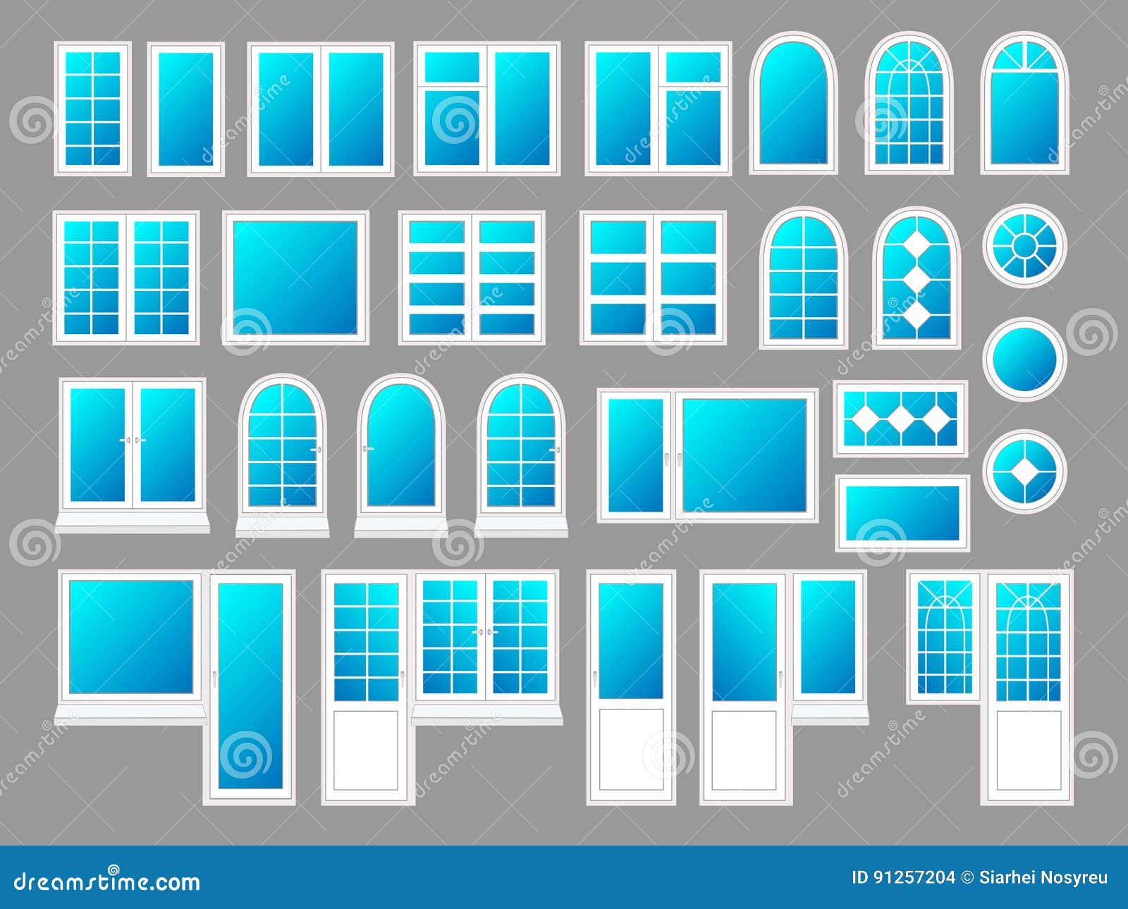 Plastic Windows with Doors, Vector Illustration Set Stock Vector ...