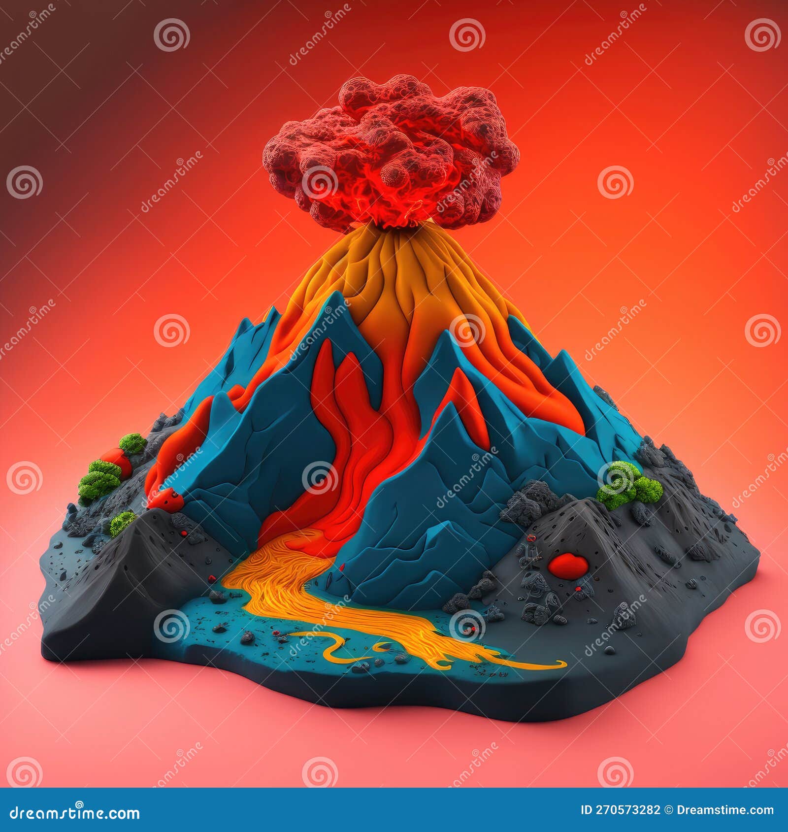 A Plasticine Erupting Volcano Landscape on a Red Background. Created ...