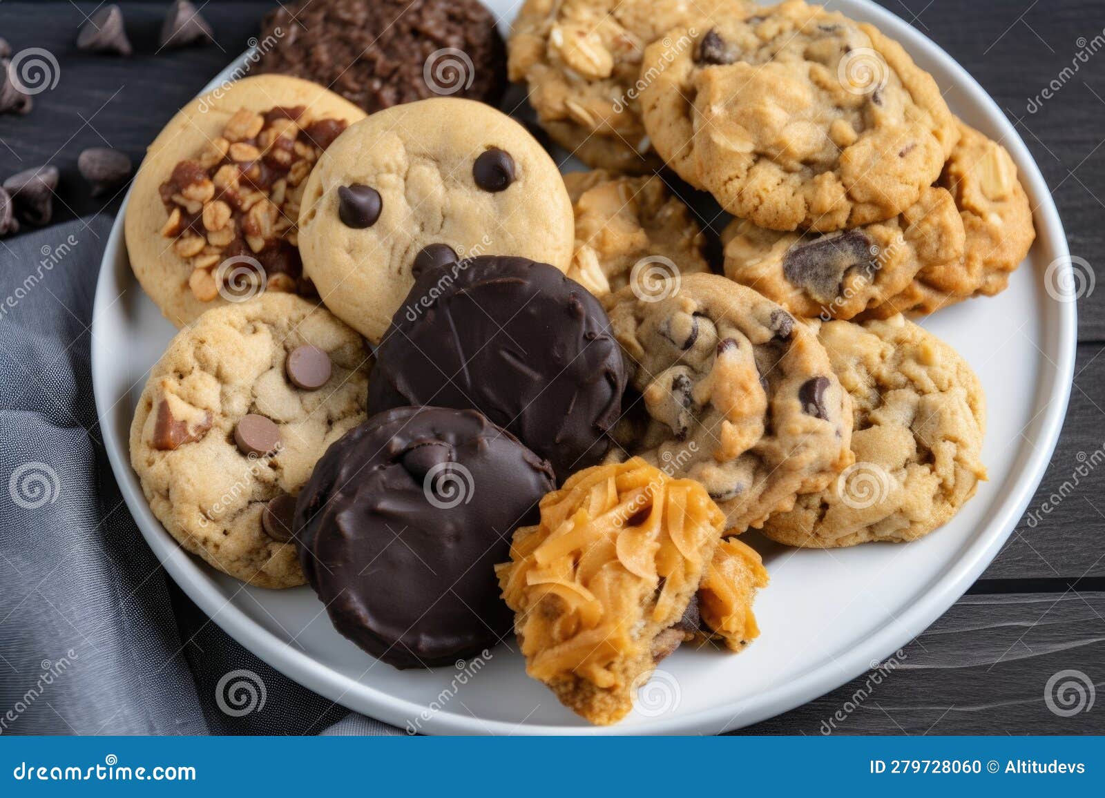 Plate Of Assorted Cookies Including Chocolate Chip Oatmeal Raisin And
