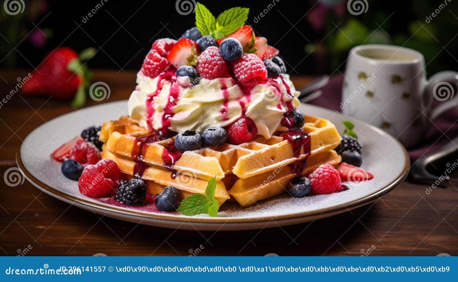 A Plate of Belgian Waffles with Ice Cream and Fresh Berries. Ai ...