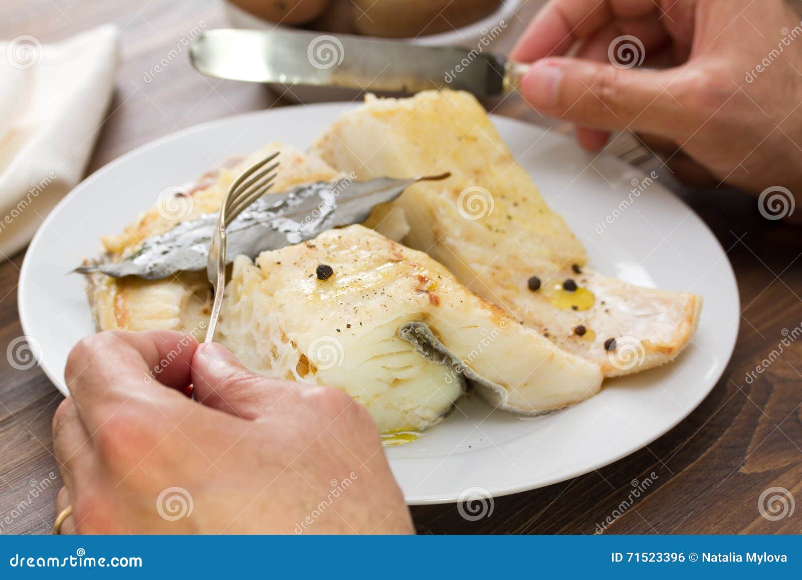 Plate with boiled cod fish stock photo. Image of meal - 71523396
