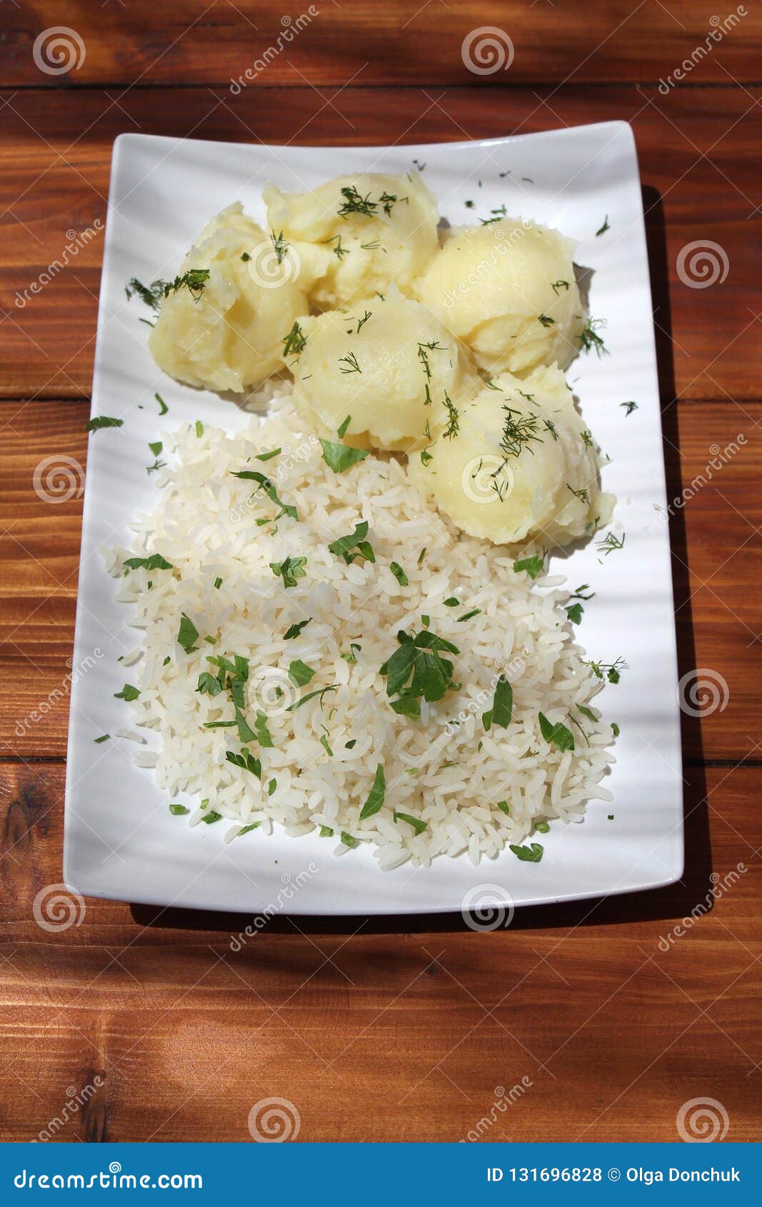 Plate of Boiled Rice and Mashed Potatos on a Table Stock Photo - Image ...