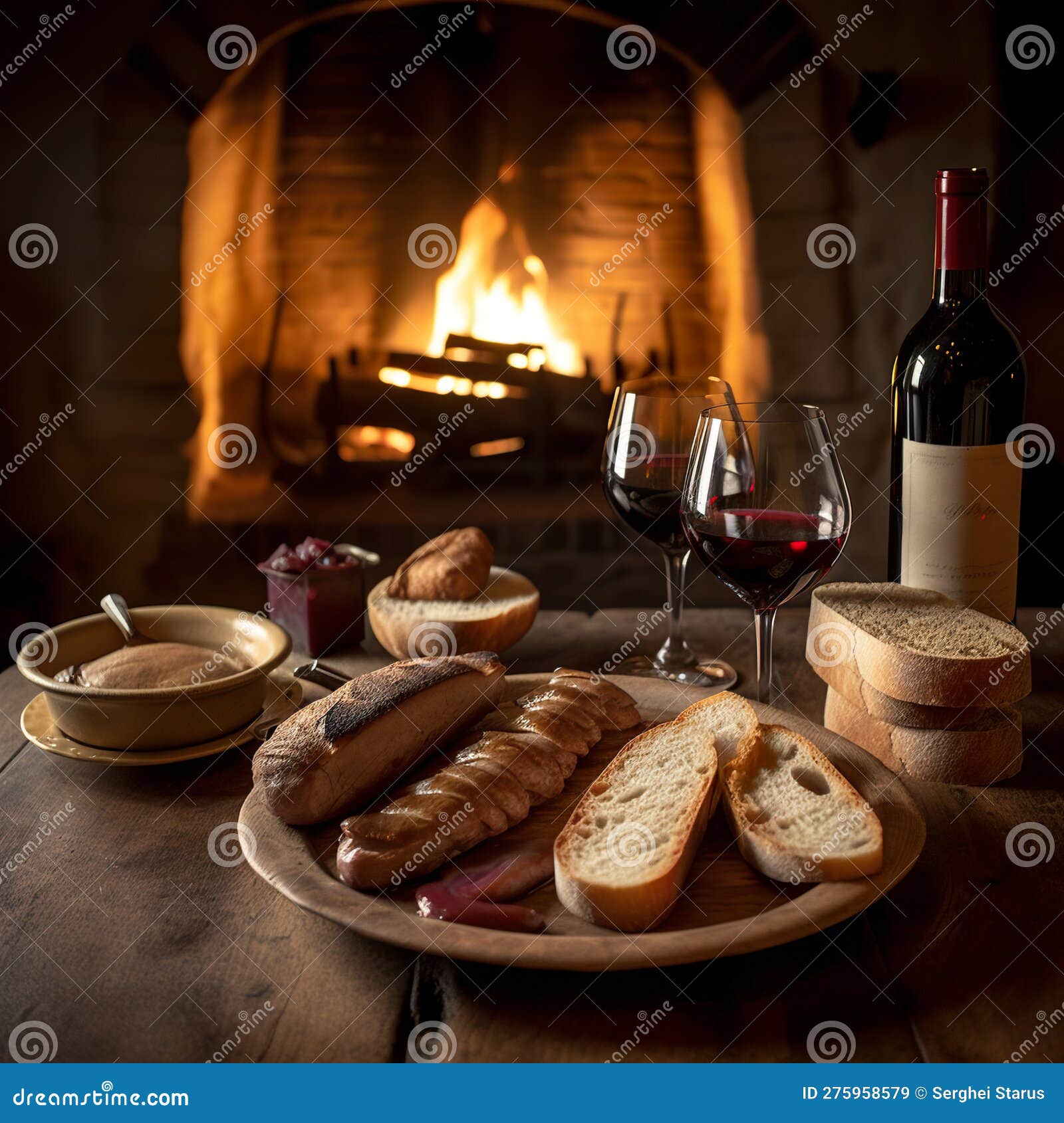 A Plate of Bread, Wine, and Bread on a Table in Front of a Fireplace ...