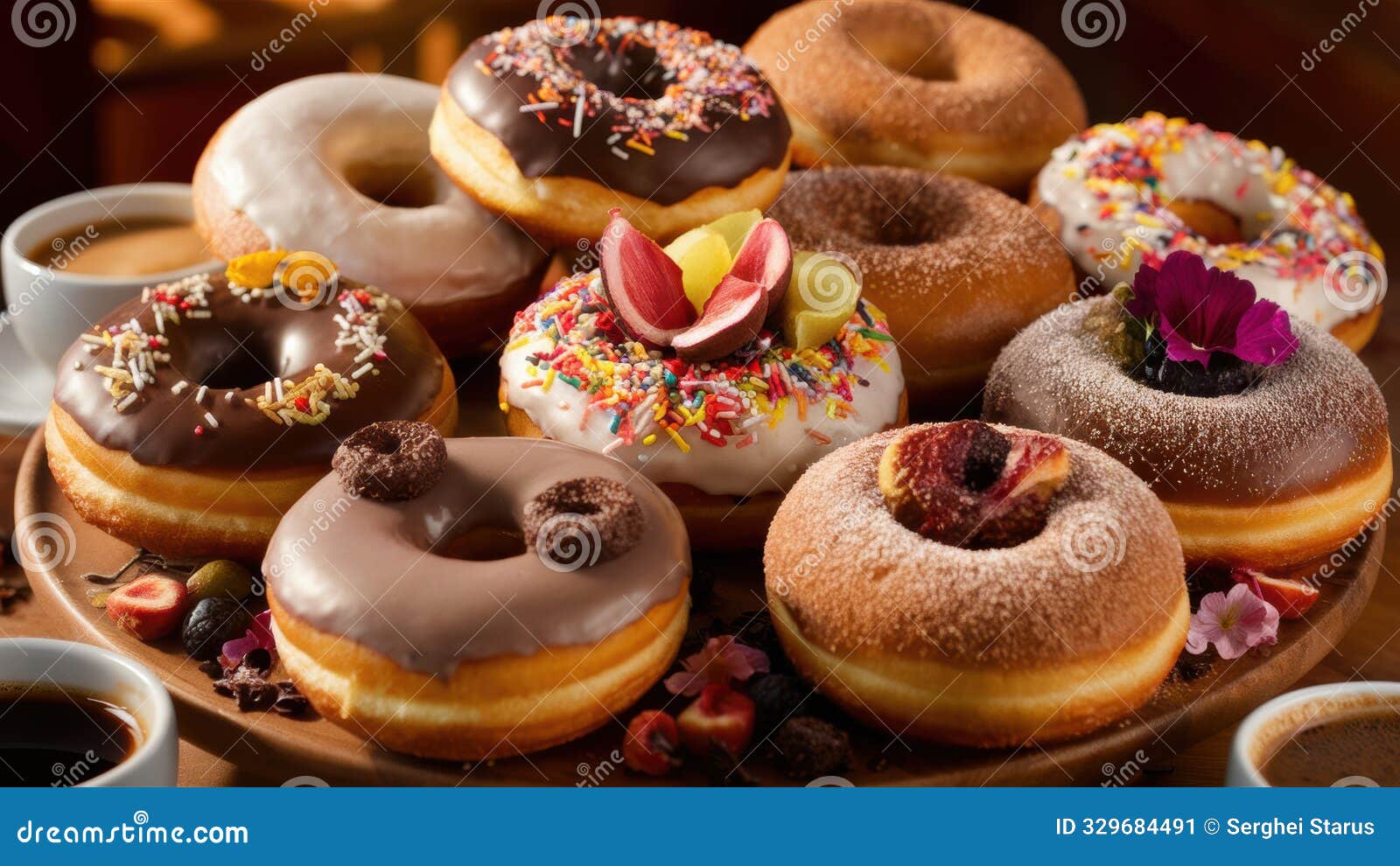 A Plate of a Bunch of Donuts and Coffee on the Table, AI Stock Image ...