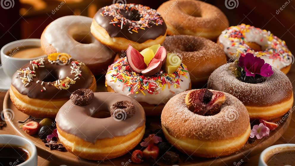 A Plate of a Bunch of Donuts and Coffee on the Table, AI Stock Image ...