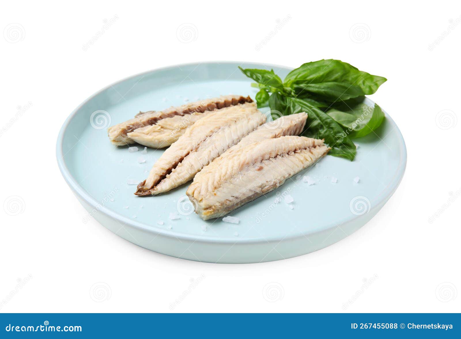 Plate with Canned Mackerel Fillets and Basil Isolated on White Stock ...
