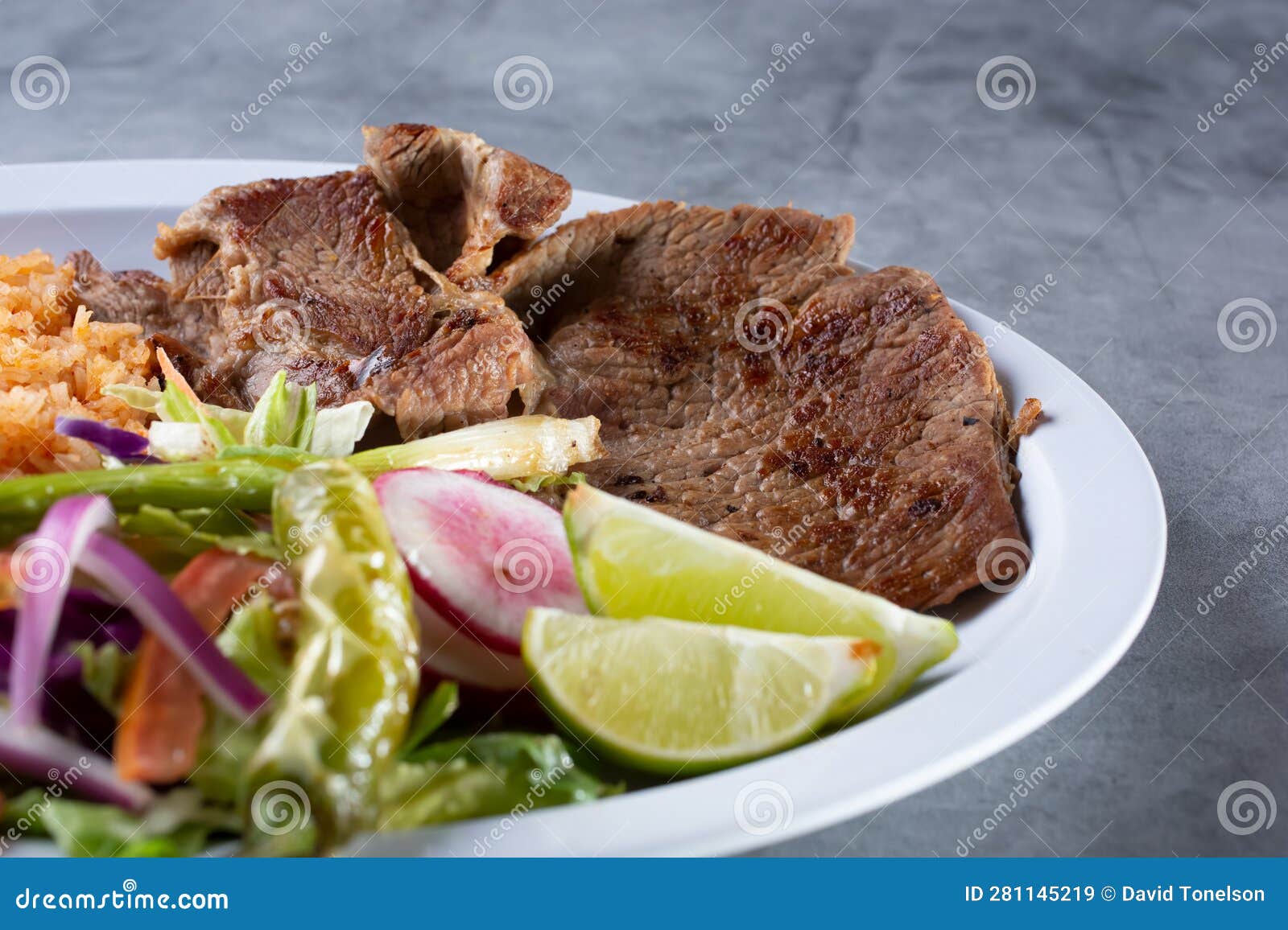 Plate of carne asada stock image. Image of mexican, rice - 281145219