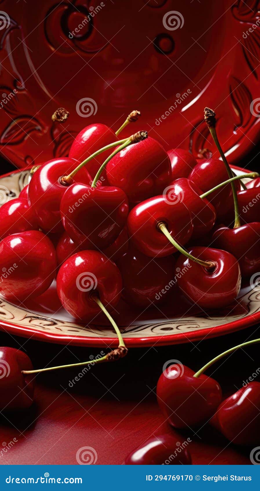 A Plate of Cherries on a Red Table, AI Stock Illustration ...