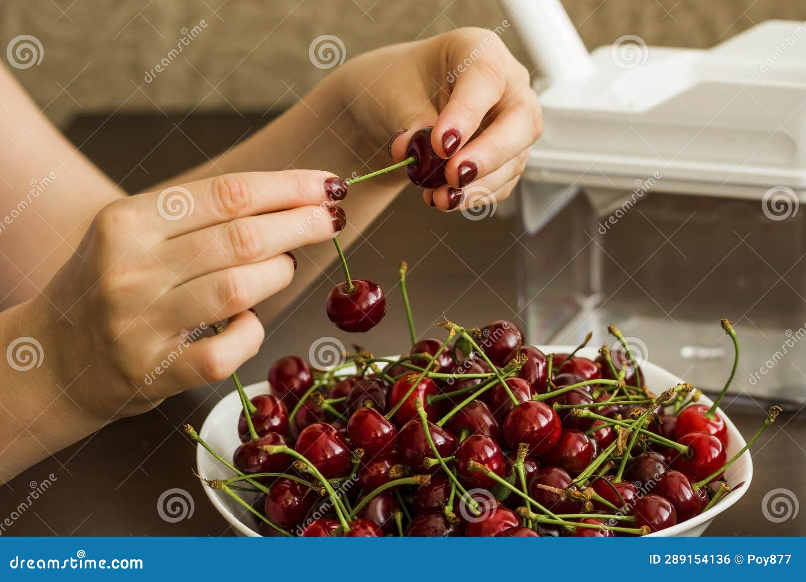 Plate. Cherries. Removal Cherry. Hands Stock Photo - Image of natural ...