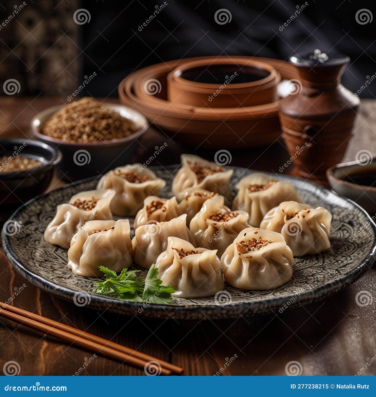 A Plate of Chinese Dumplings on a Table Stock Illustration ...