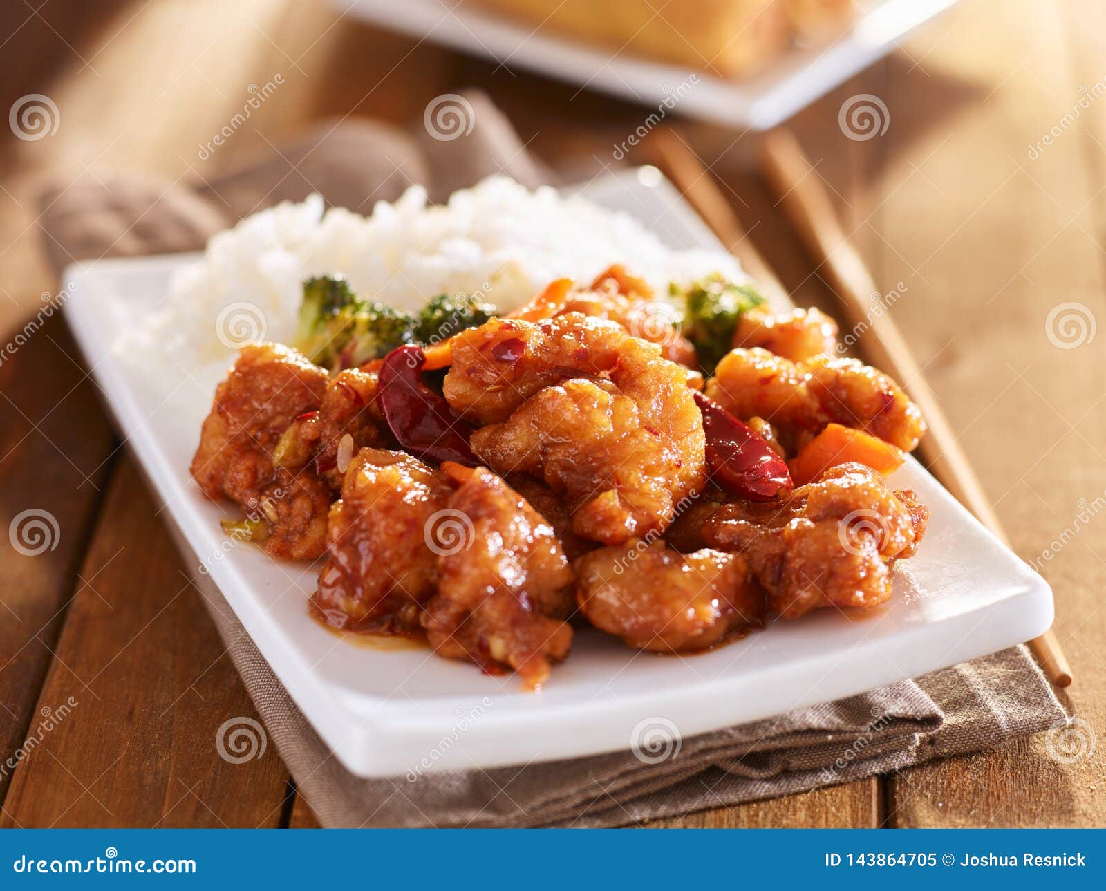 Plate of Chinese General Tsos Chicken with Rice and Broccoli Stock ...