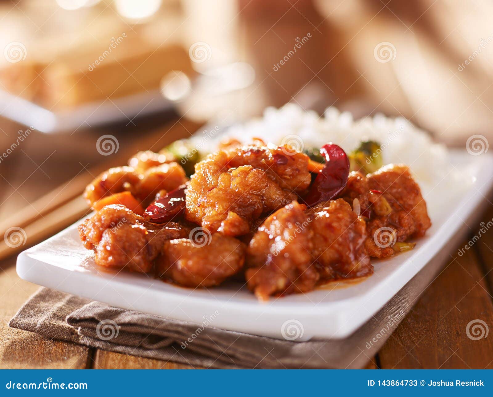Plate of Chinese General Tsos Chicken with Rice and Broccoli Stock ...