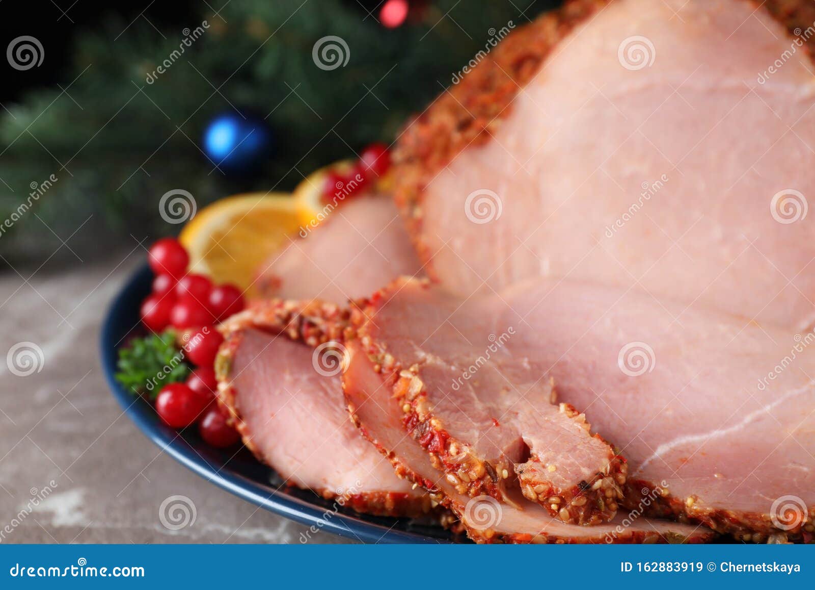 Plate with Christmas Ham on Grey Table Stock Image - Image of closeup ...
