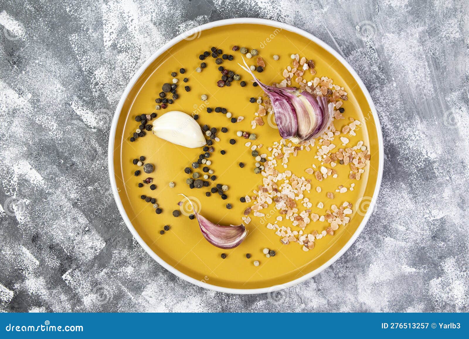 Plate with Condiments and Spices on Gray Table Top View Stock Image ...