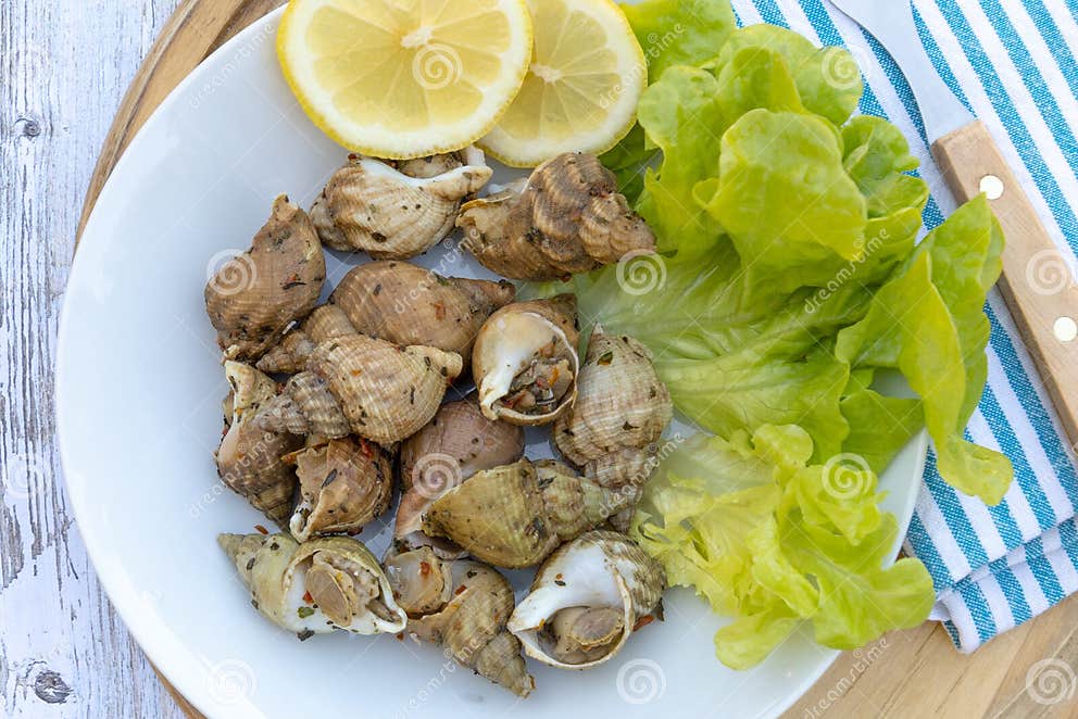 Plate of Cooked Whelks on a Table Stock Image - Image of plate, spices ...