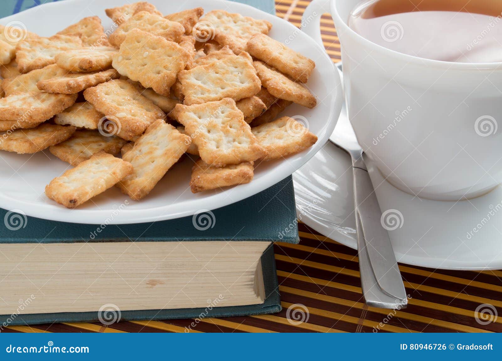 Plate with Crackers and Cup of Tea Stock Photo - Image of morning ...