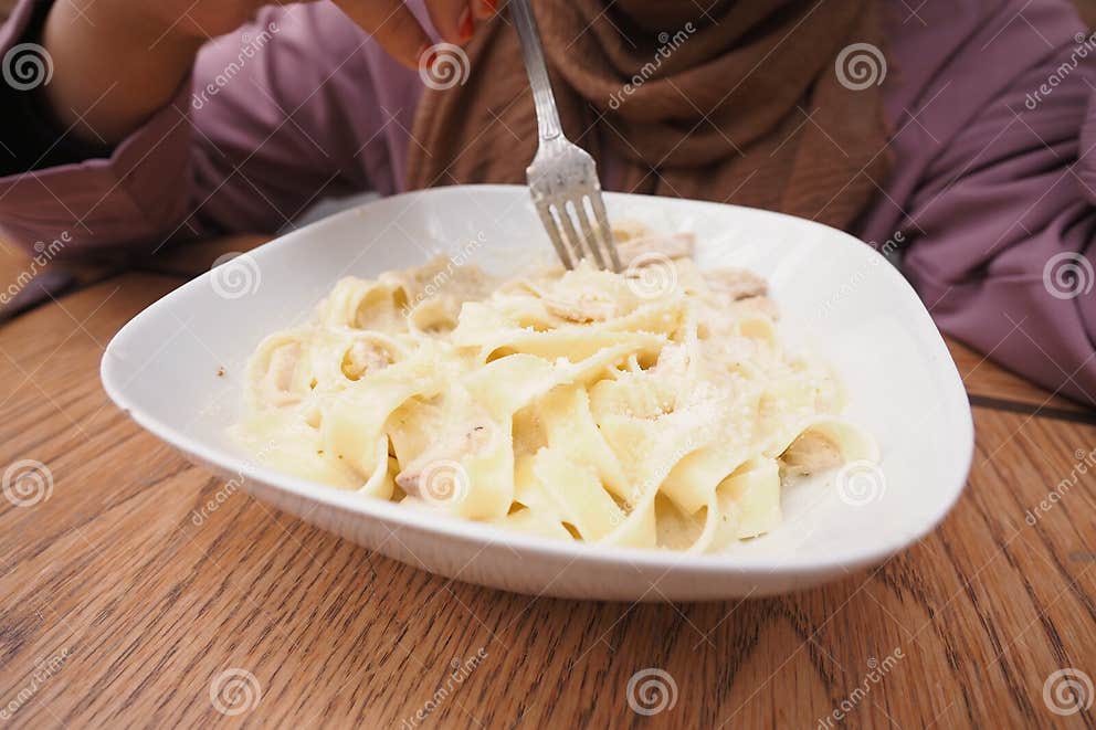 Plate of Cream and Herb Pasta on Table Stock Image - Image of cream ...