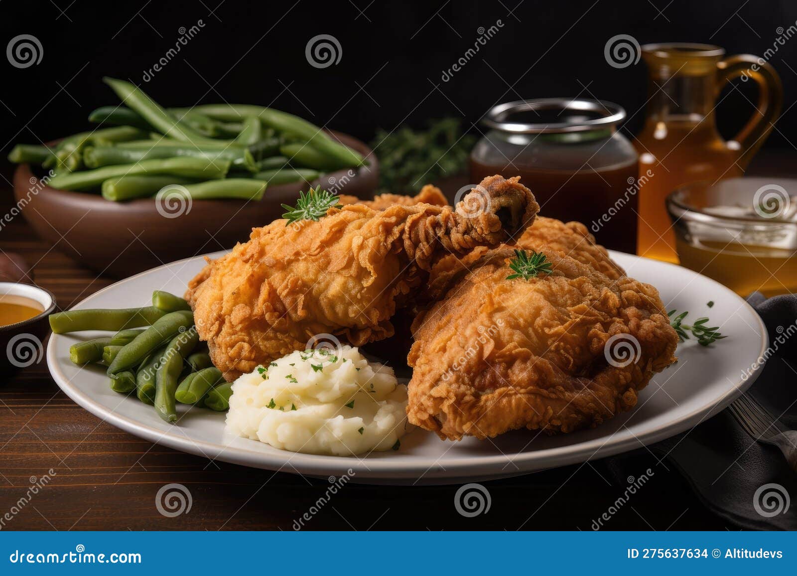 Plate of Crispy Fried Chicken with Mashed Potatoes, Green Beans and ...