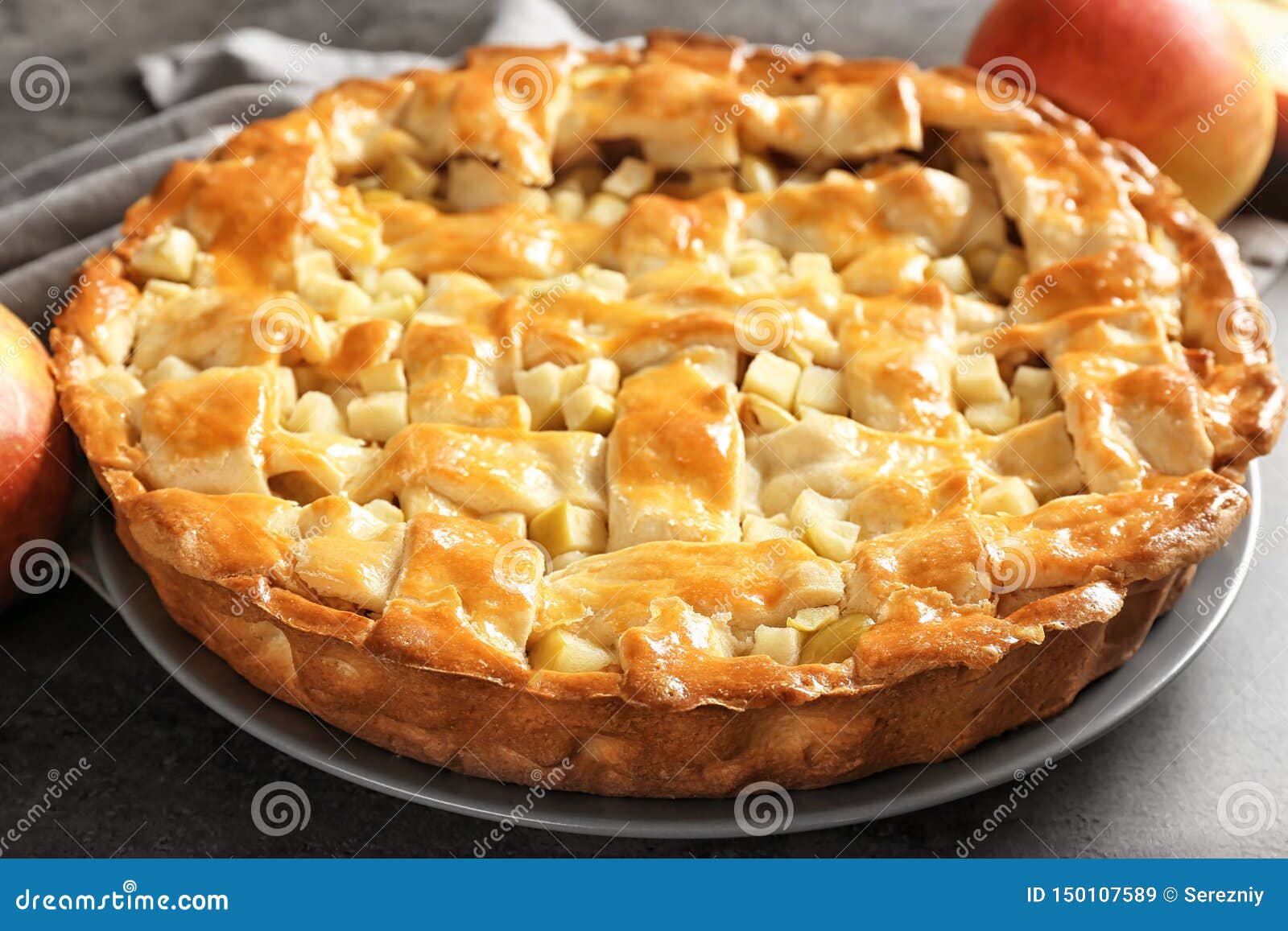 Plate with Delicious Apple Pie on Table Stock Image - Image of grey ...