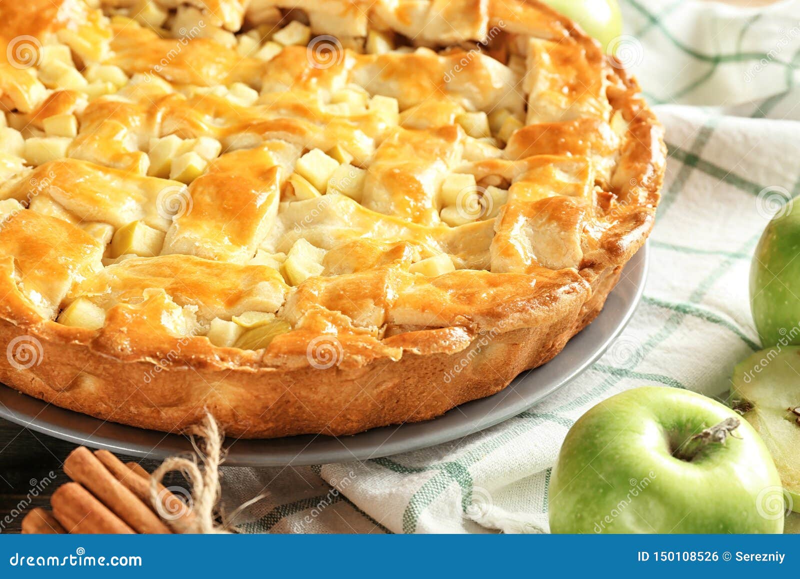 Plate with Delicious Apple Pie on Table, Closeup Stock Photo - Image of ...