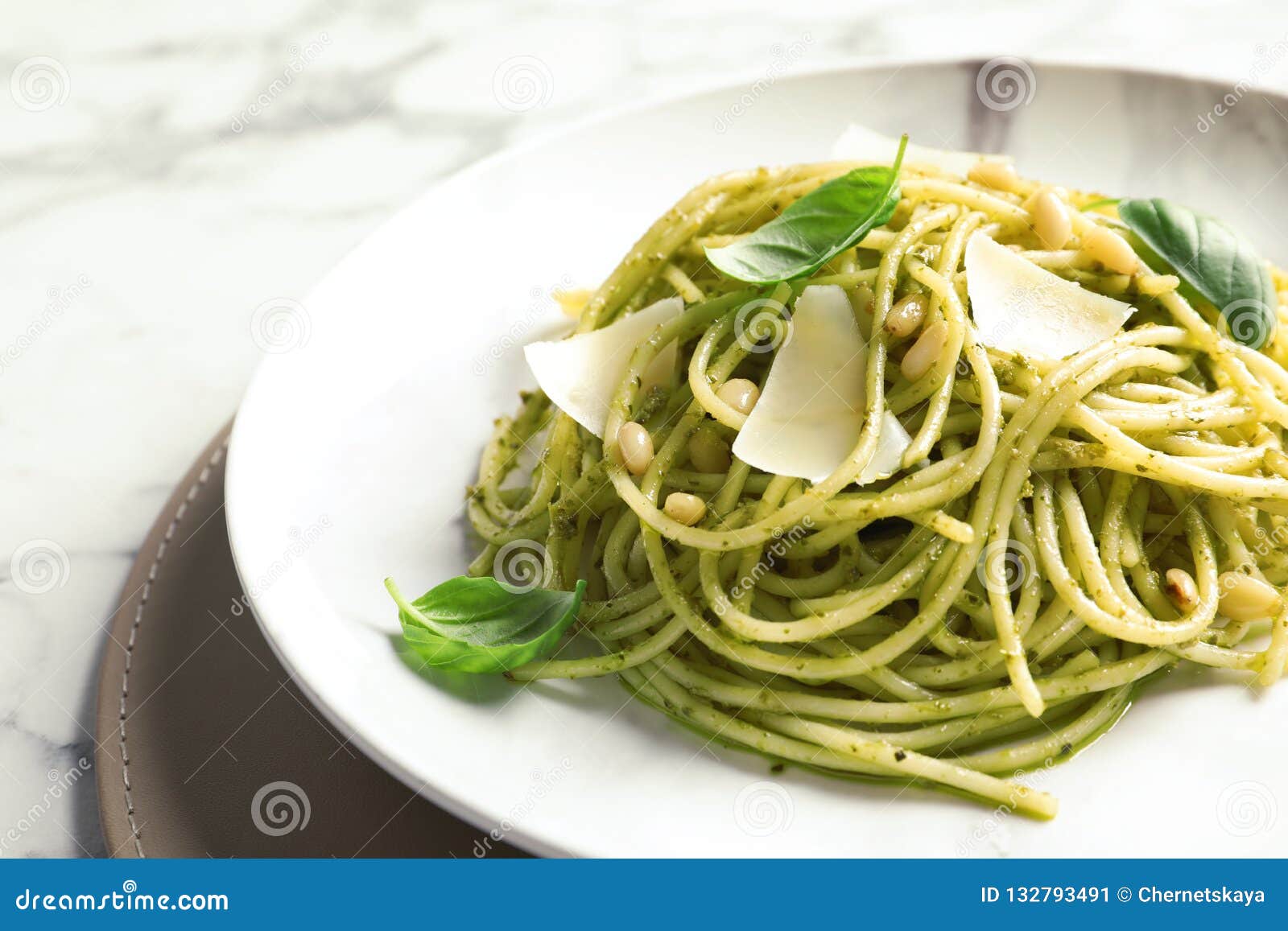 Plate with Delicious Basil Pesto Pasta on Table Stock Image - Image of ...