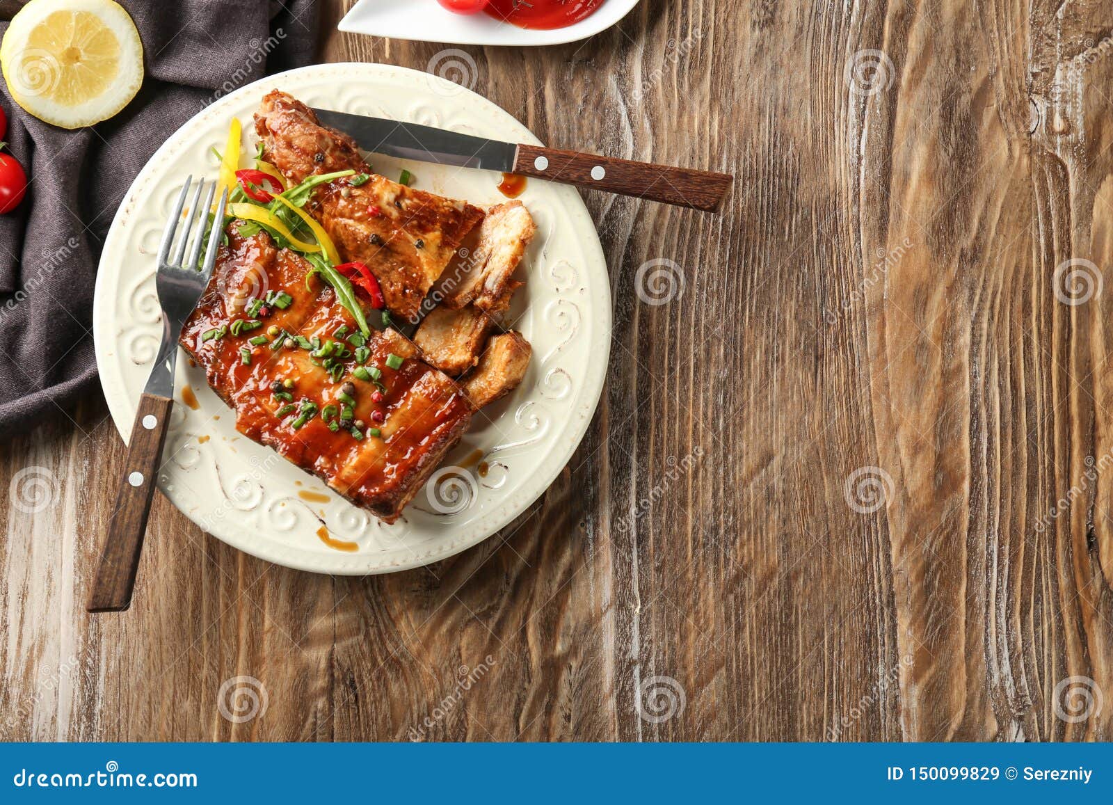 Plate with Delicious Grilled Ribs on Table Stock Image - Image of space ...