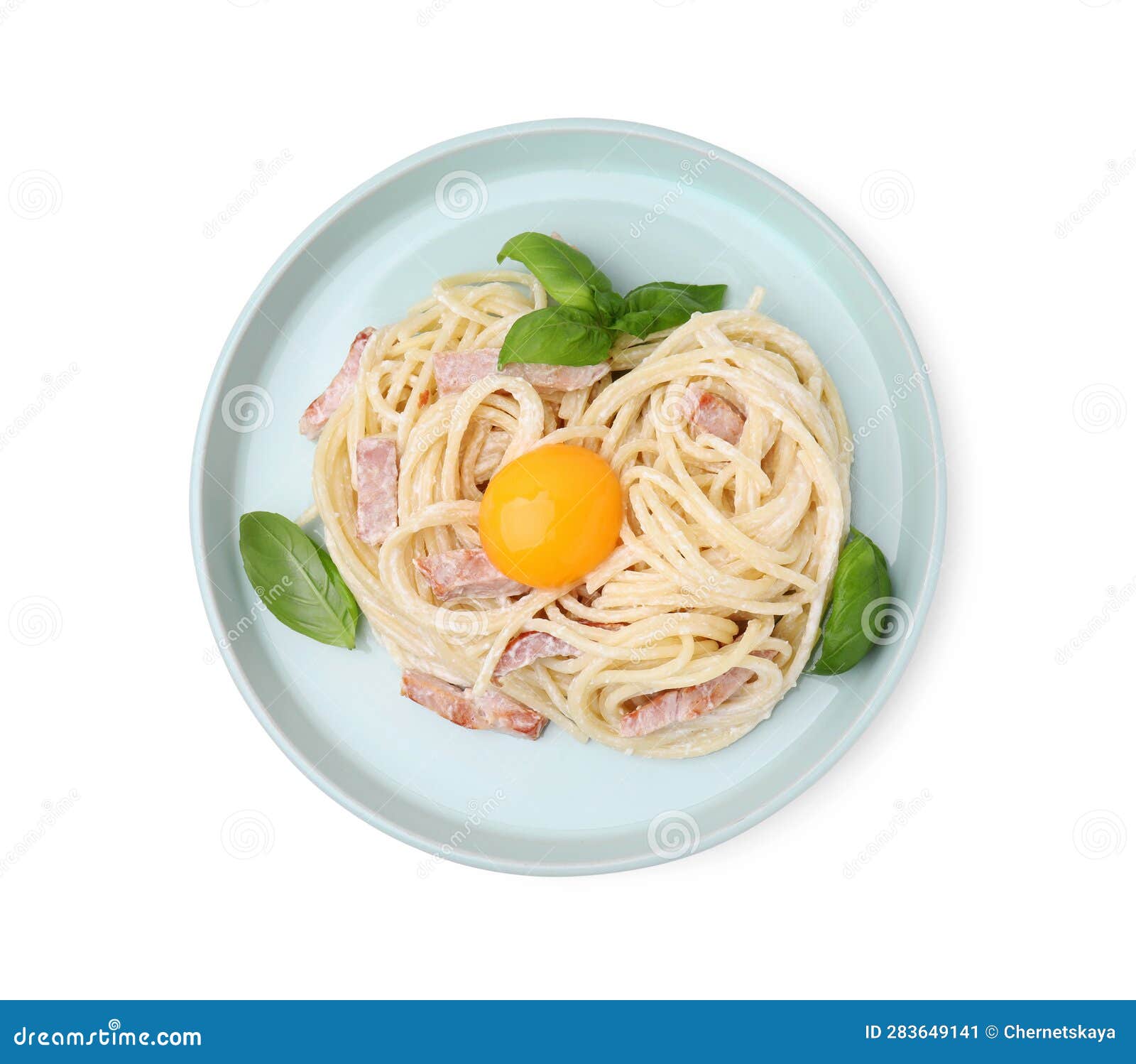 Plate Of Delicious Pasta Carbonara With Egg Yolk Isolated On White Top