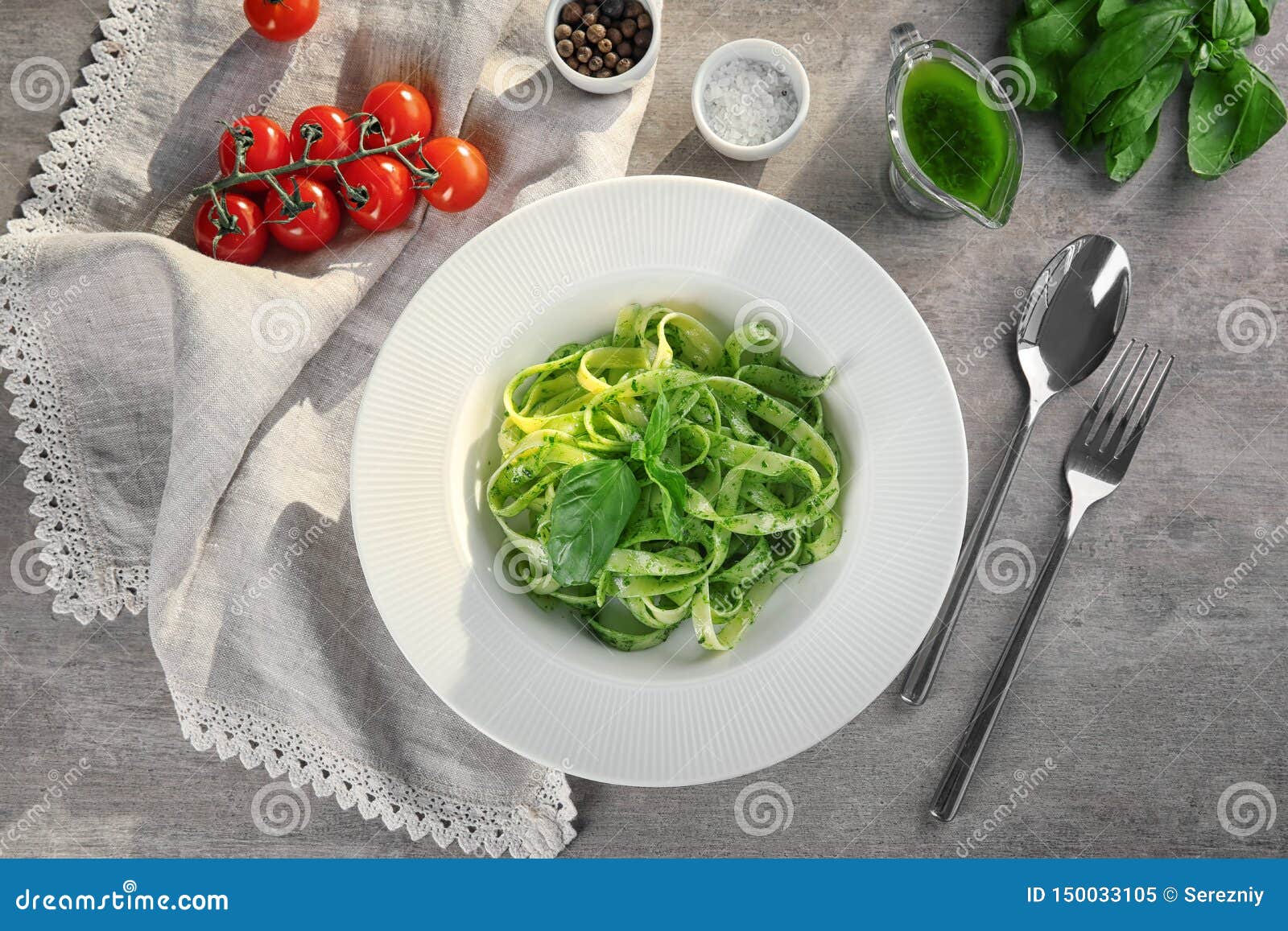 Plate of Delicious Pasta with Pesto Sauce on Table, Top View Stock ...