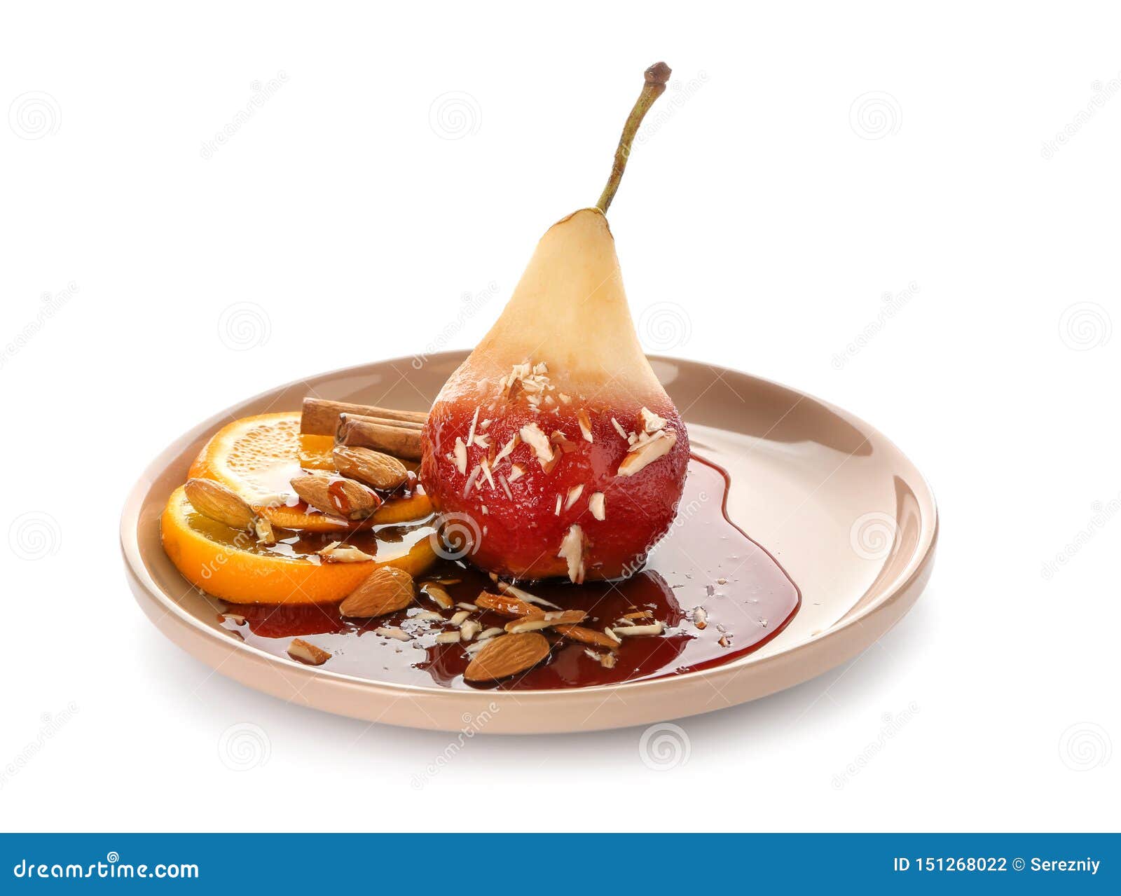 Plate with Delicious Poached Pear in Red Wine on White Background Stock ...