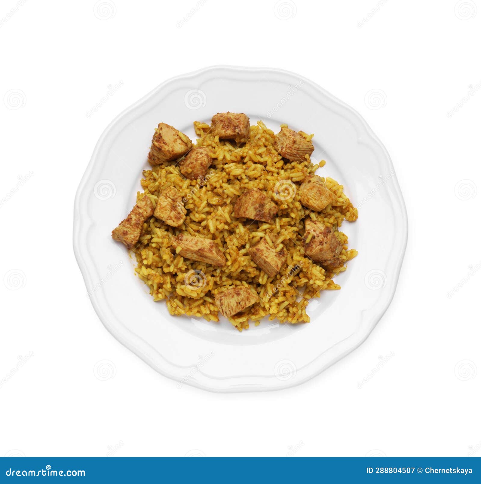 Plate of Delicious Rice with Chicken Isolated on White, Top View Stock ...