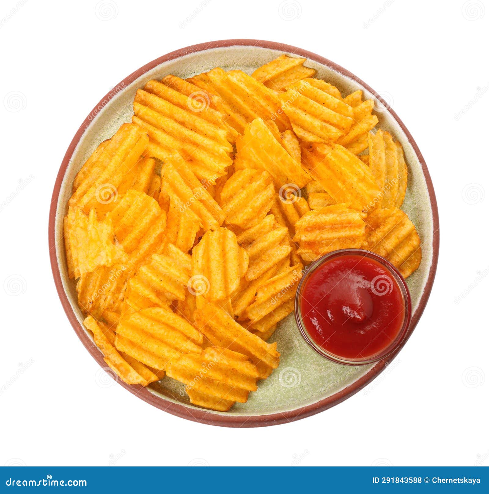 Plate of Delicious Ridged Chips with Ketchup Isolated on White, Top ...