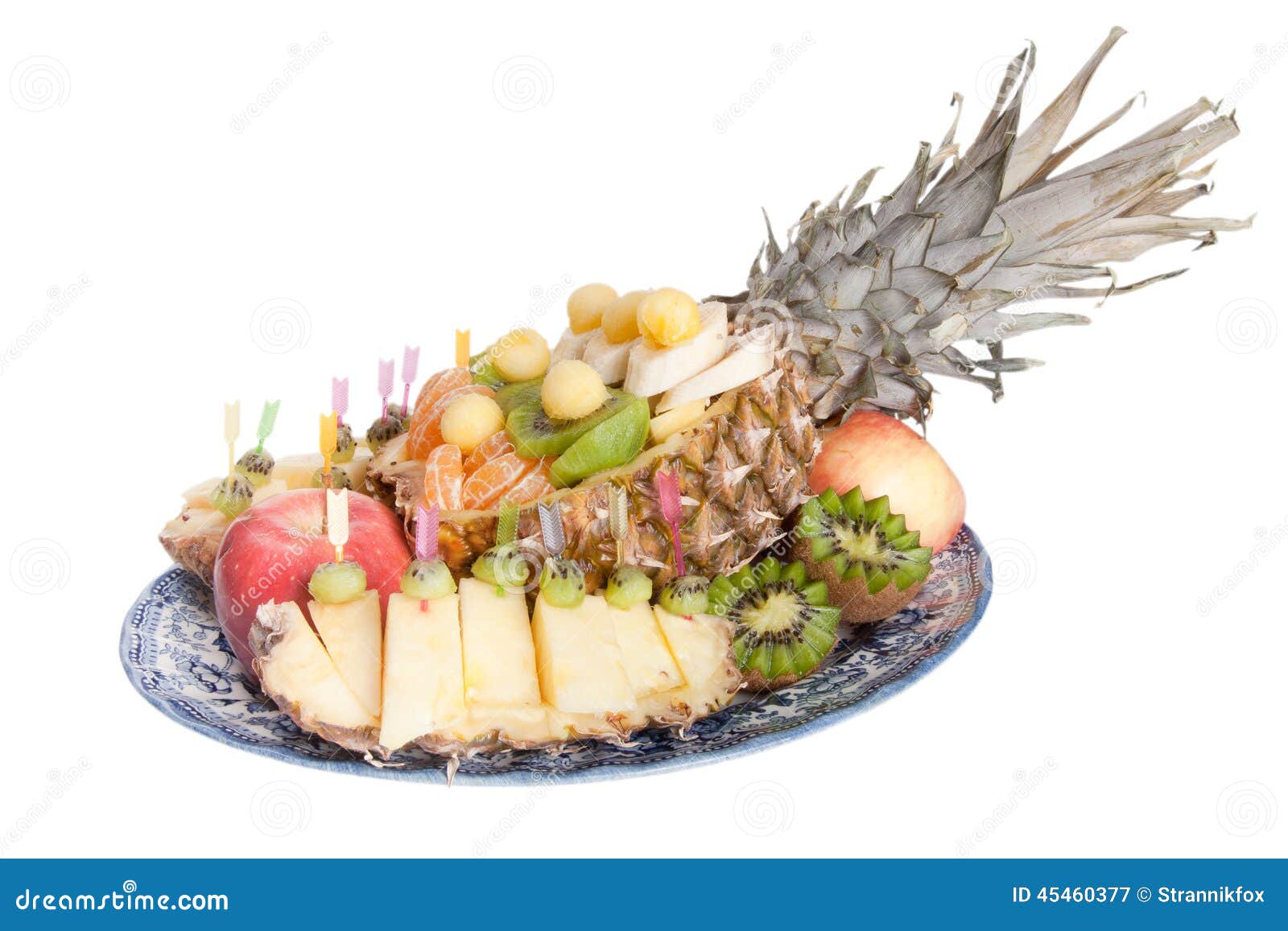 Plate of Different Fruits Isolated on a White Background. Shallow Depth ...