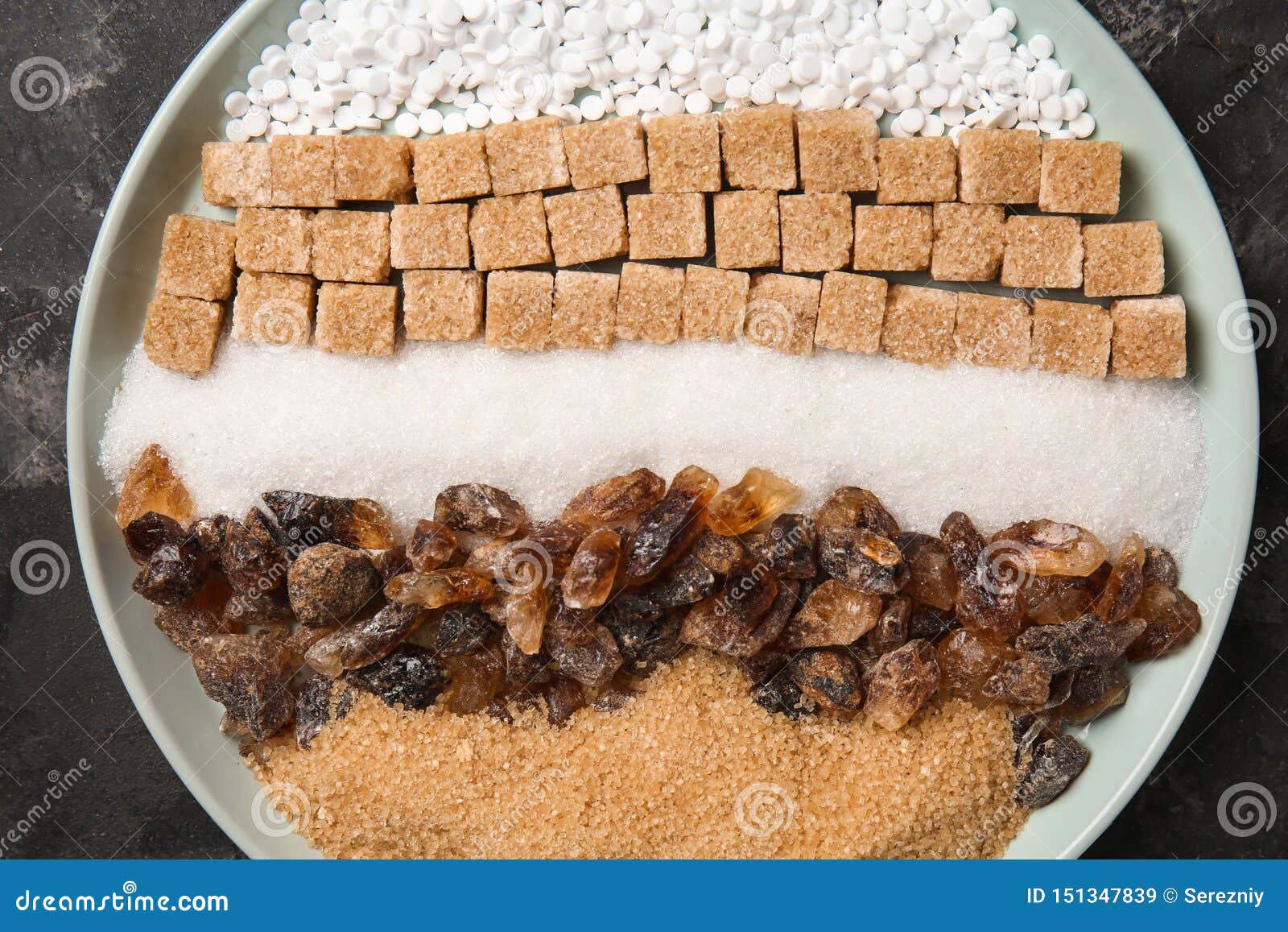 Plate with Different Kinds of Sugar and Sweetener Tablets on Grey ...